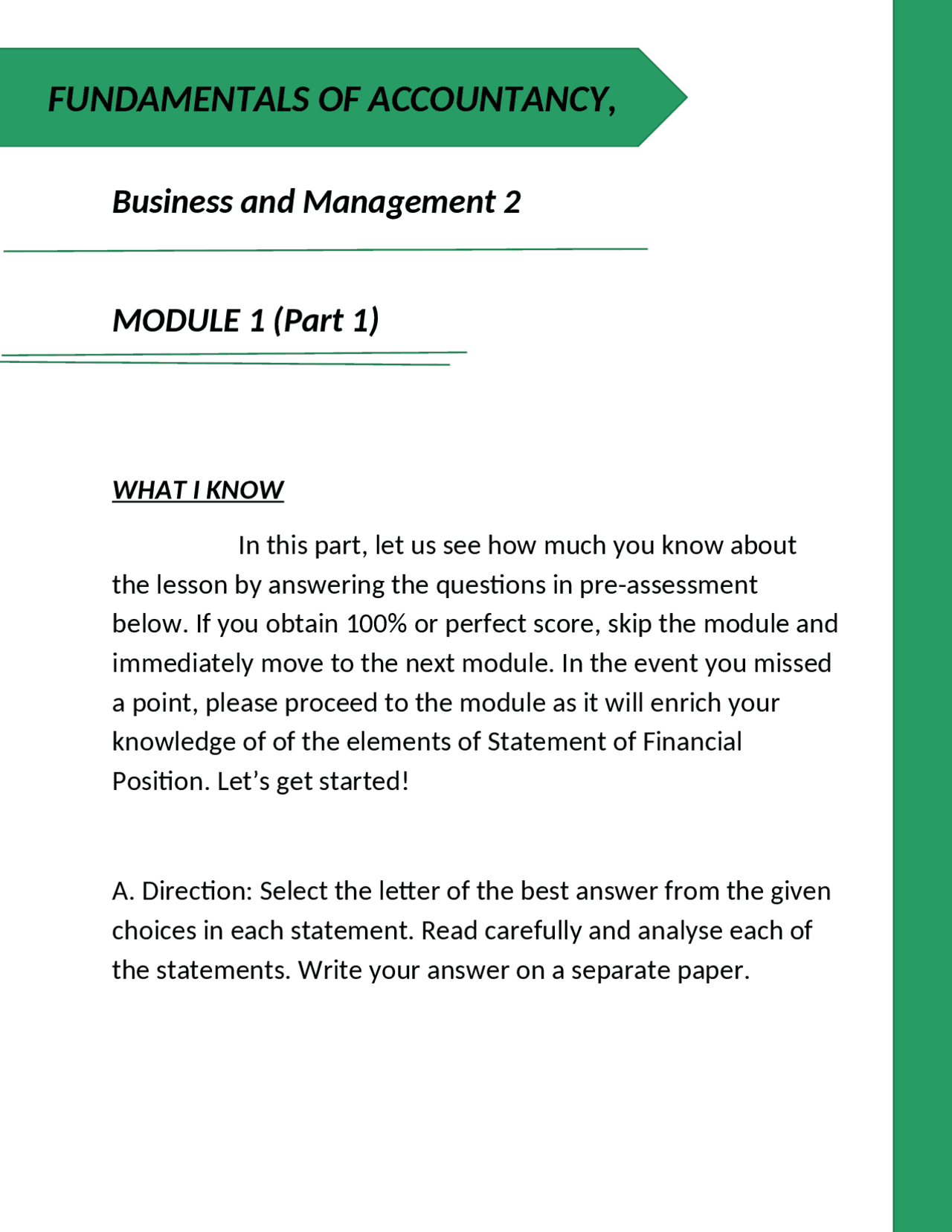 G12—FABM2—Module 1 (Answer sheet — Part 1: What I Know) - Docsity