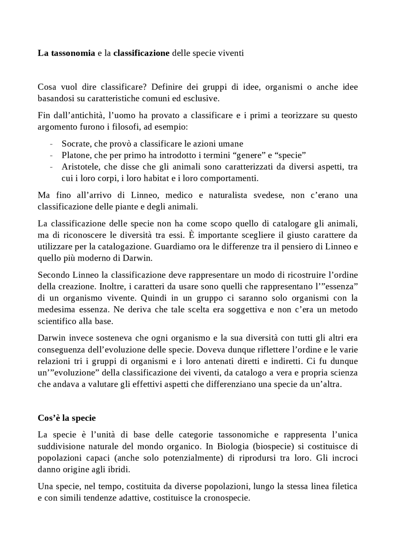 La Tassonomia E La Classificazione Delle Specie Viventi Docsity