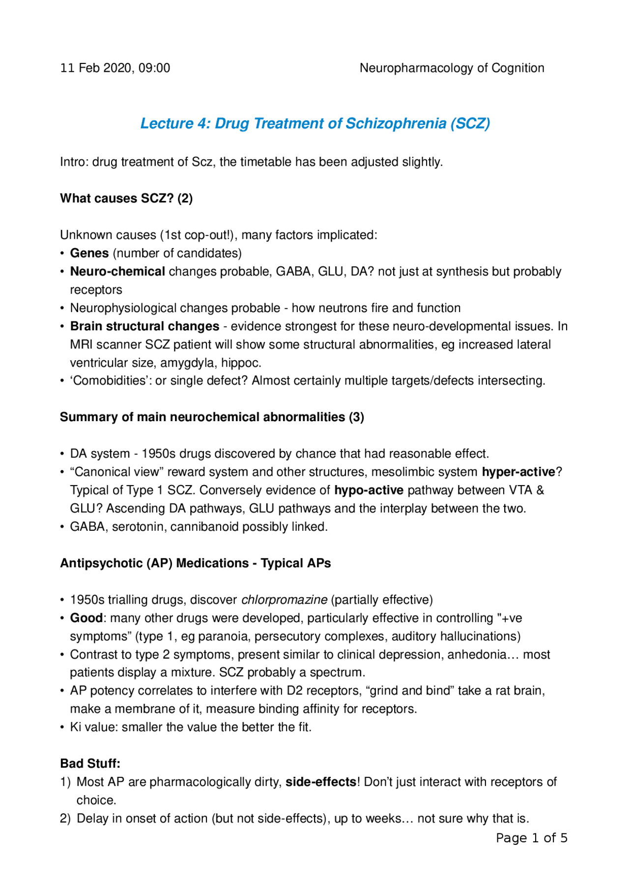 Lecture 4: Drug Treatment of Schizophrenia (SCZ) - Docsity