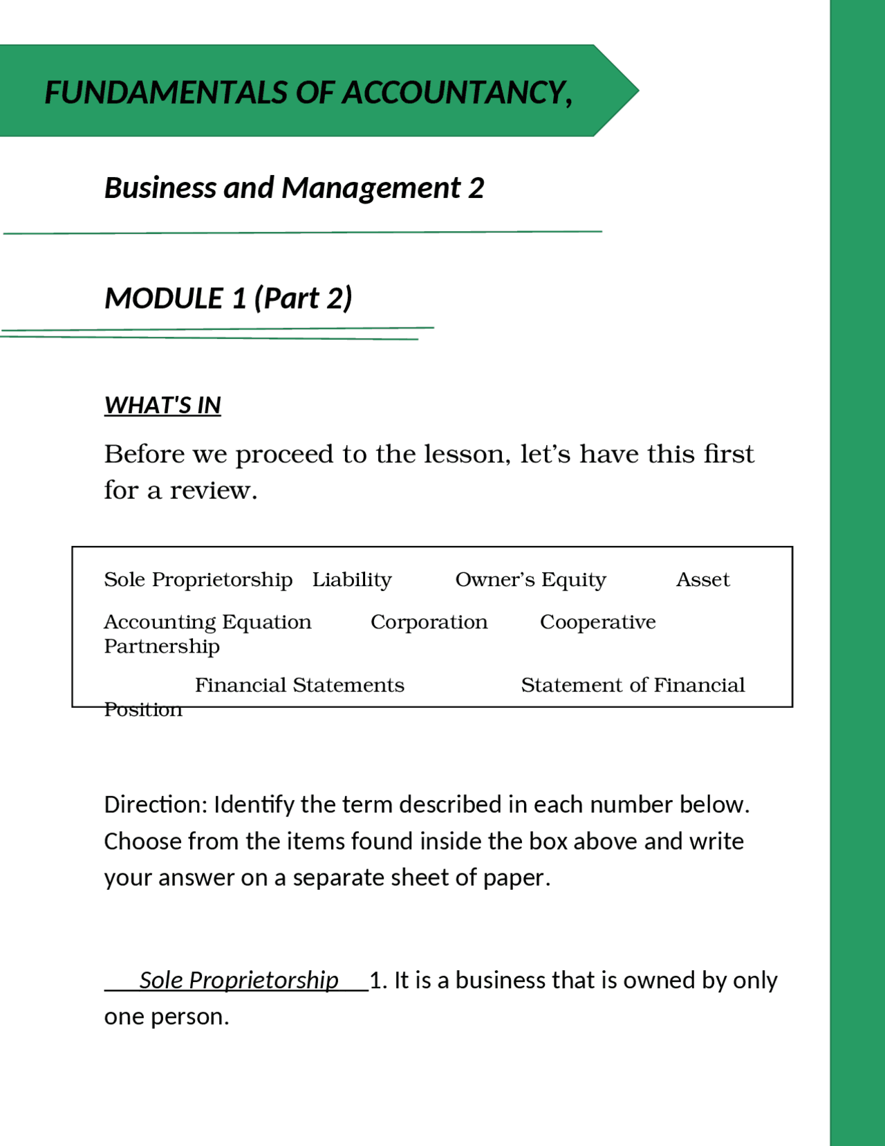 G12—FABM2—Module 1 (Answer sheet — Part 2: What's In) - Docsity