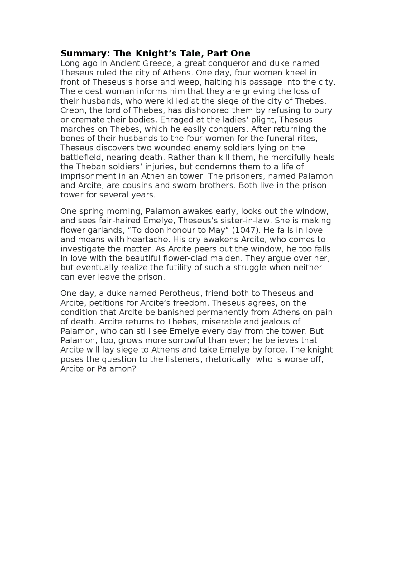 Summary The Knight’s Tale, Part One - Docsity