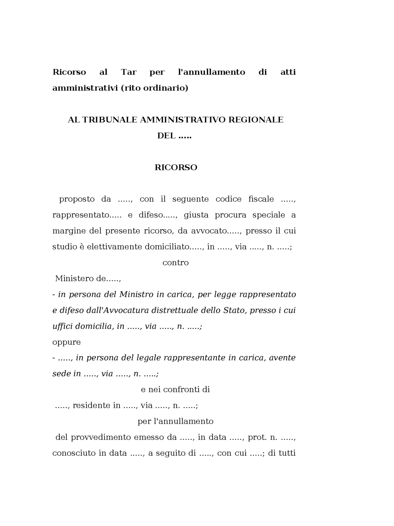 Schema ricorso Tribunale amministrativo regionale - Docsity