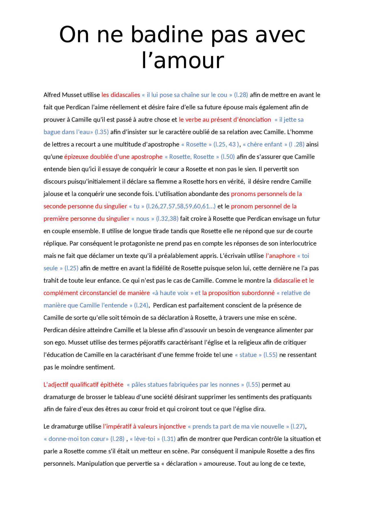 Lecture analytique on ne badine pas avec l'amour - Docsity
