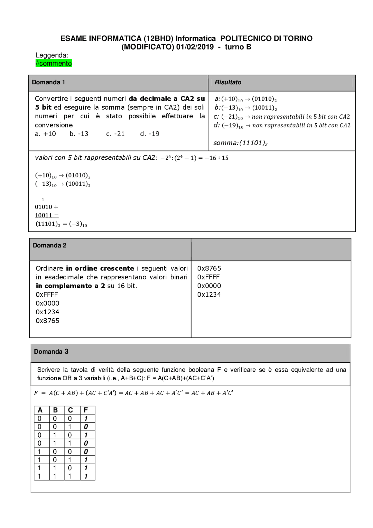 Prova d'esame di INFORMATICA - Turno B con soluzioni del prof - Docsity