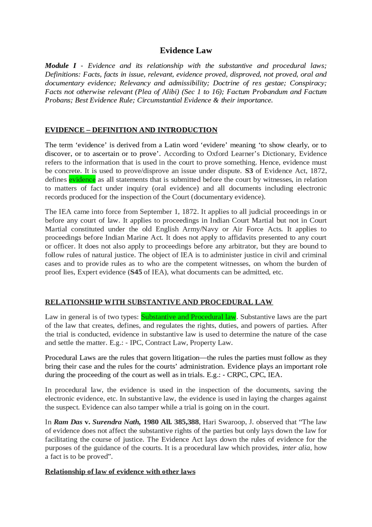 Indian Evidence Law (Evidence Act, 1872) | Study notes Law of Evidence ...