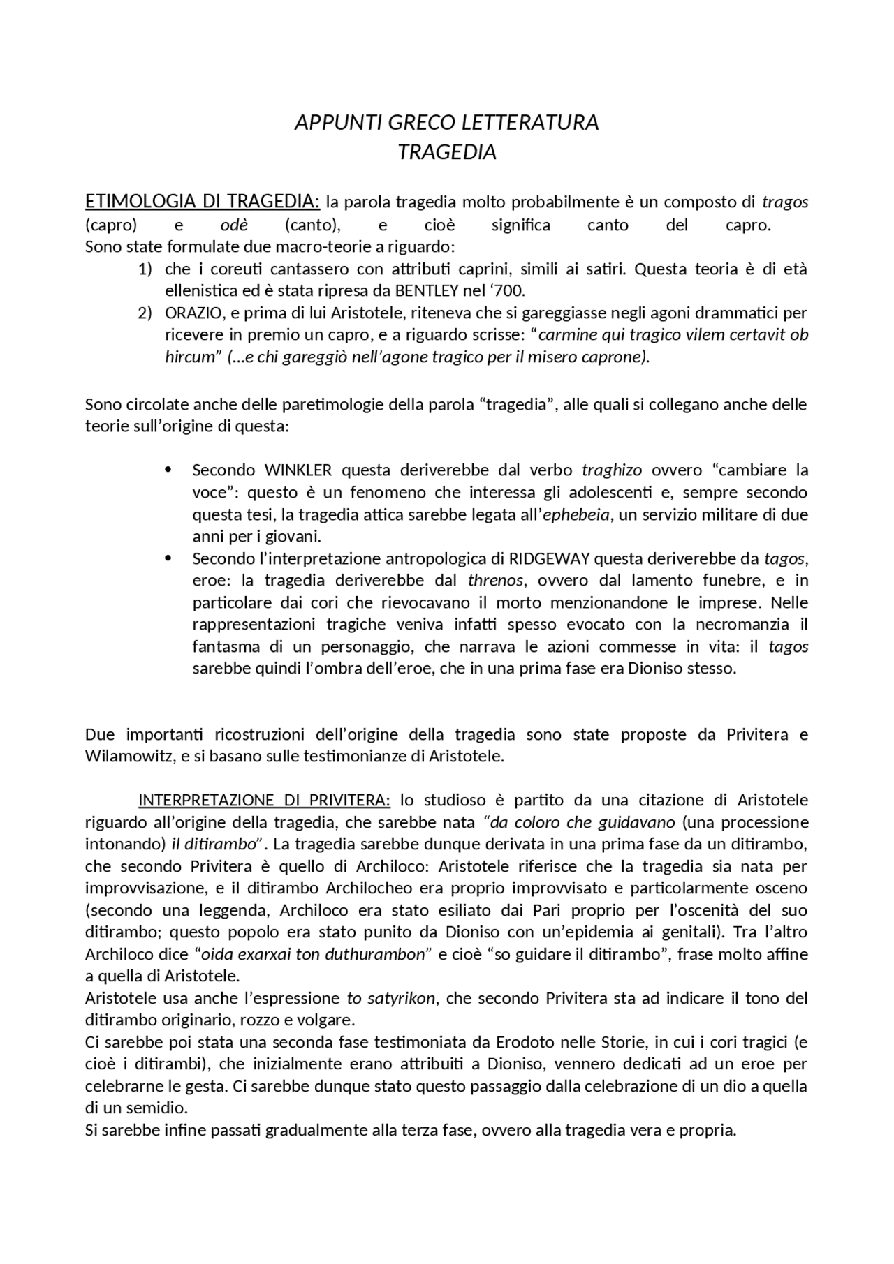Appunti di letteratura greca sull'origine della tragedia e Eschilo - Docsity
