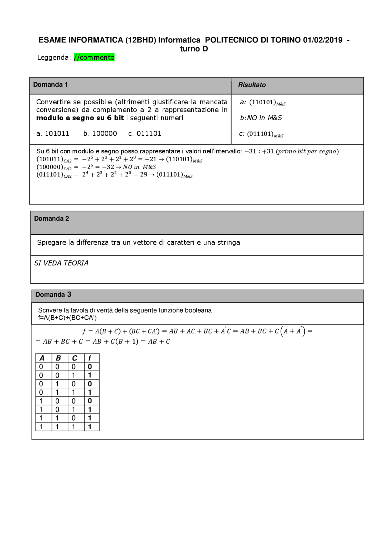 Prova d'esame di INFORMATICA - Turno D con soluzioni del prof - Docsity