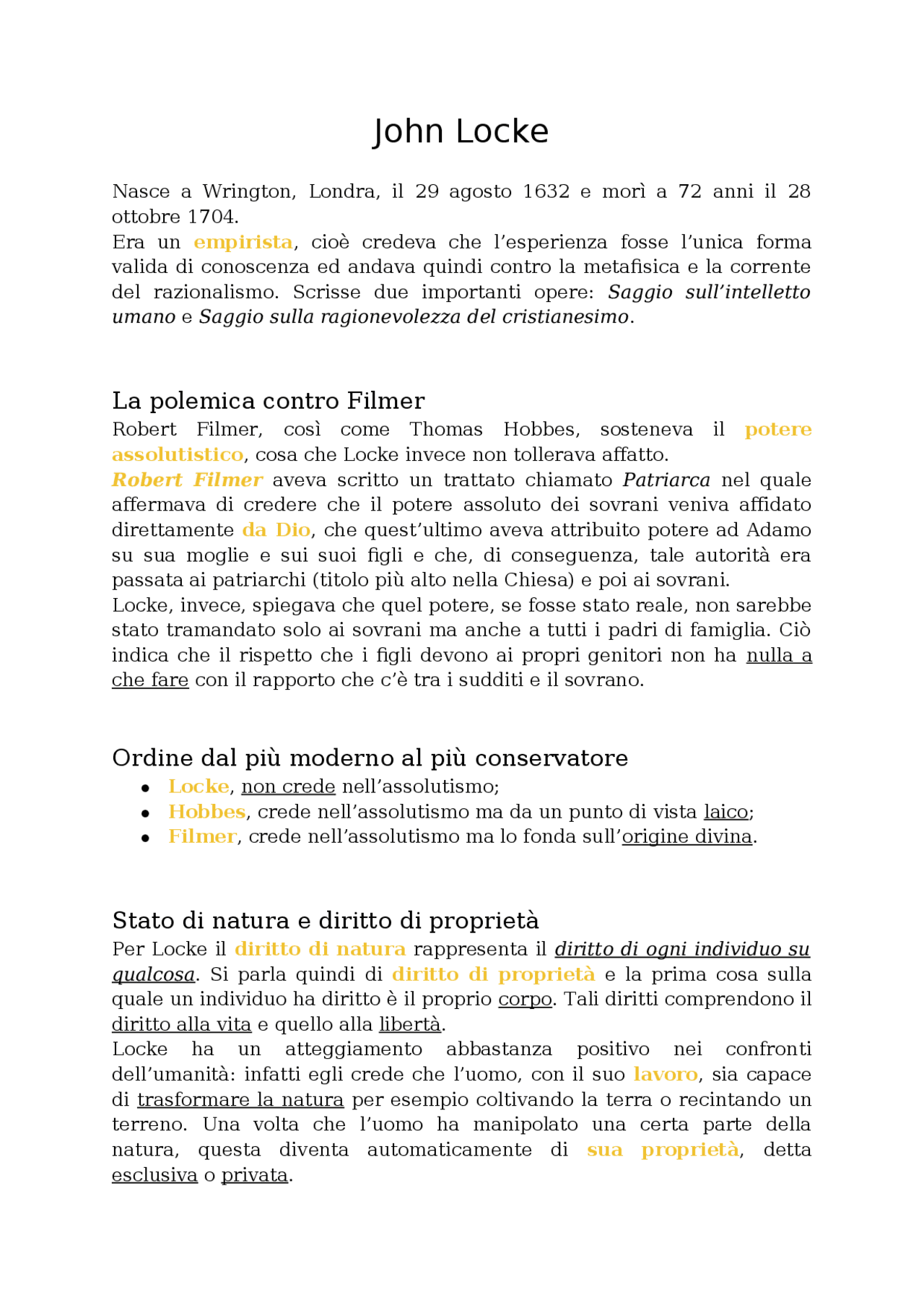 Appunti Su John Locke E Differenze Similitudini Con Hobbes Docsity