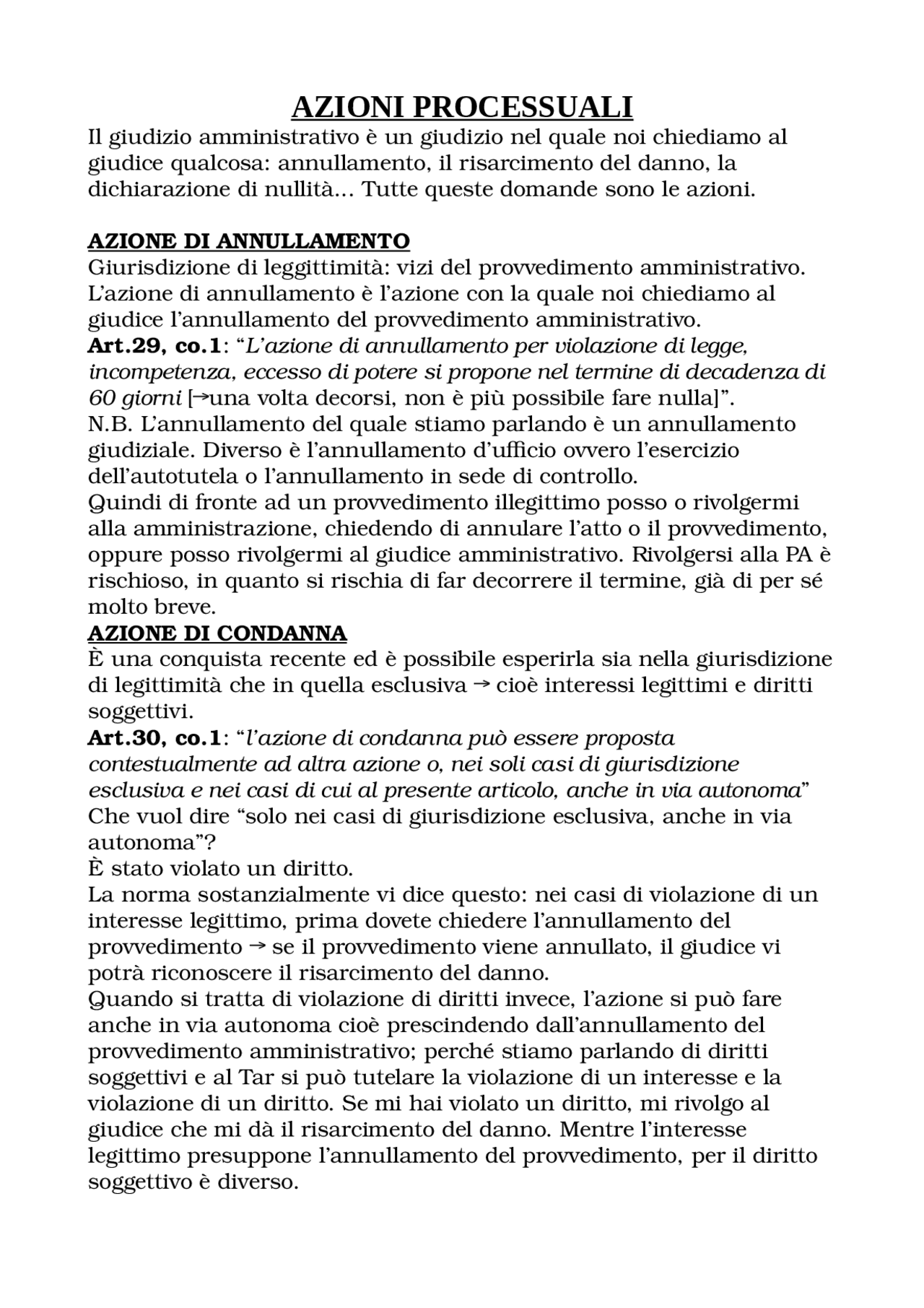 Azioni Processuali Appunti Lezione Di Diritto Amministrativo Docsity