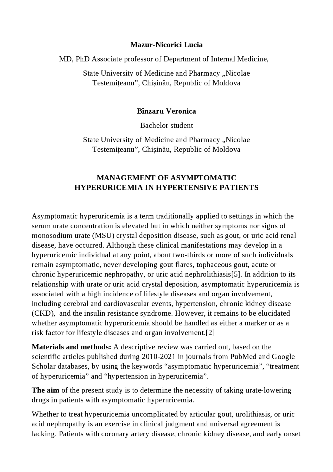 Management of Hyperuricemia in hypertensive patience - Docsity