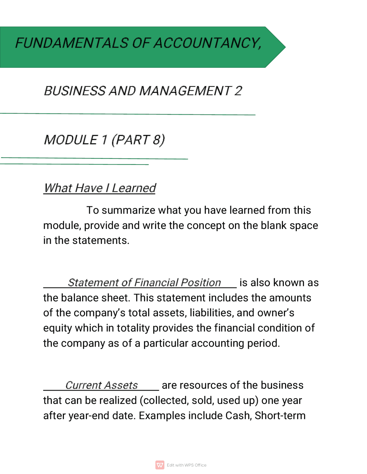 G12—FABM2—Module 1 (Answer sheet — Part 8: What Have I Learned) - Docsity