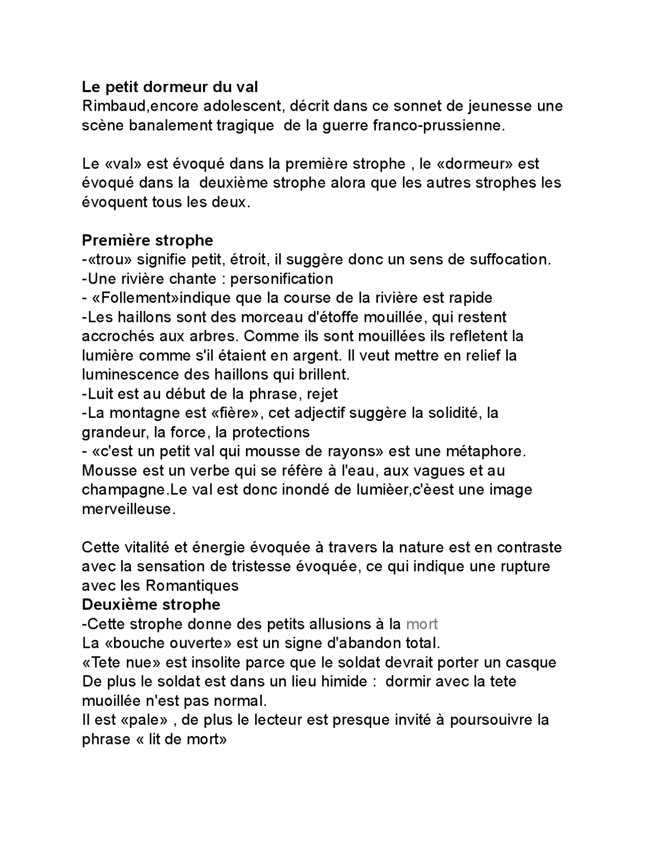 Analyse du poème "Le petit dormeur du val " - Docsity