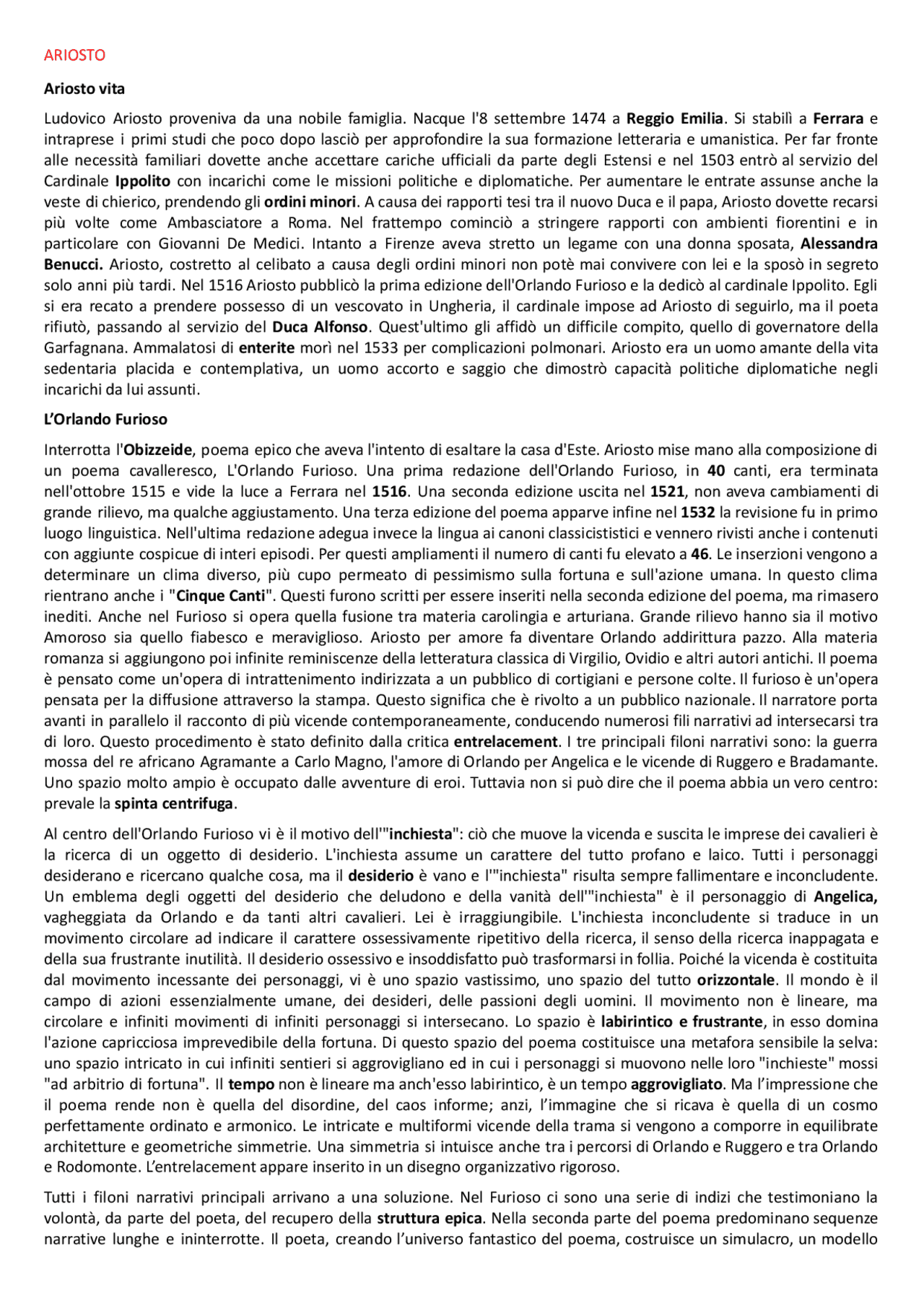 Sintesi Su Ariosto E Tasso Docsity