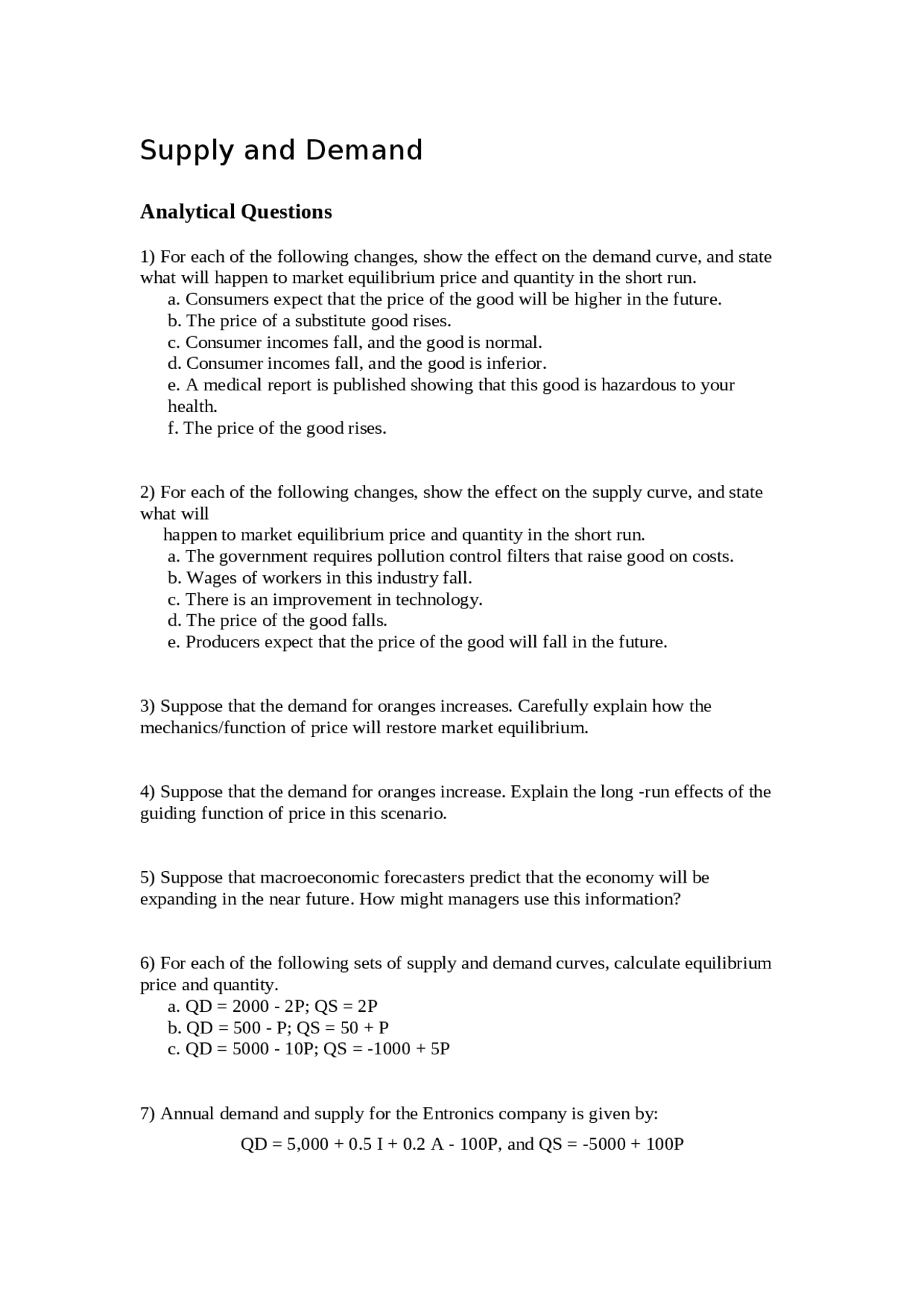 Supply and Demand exercises | Exercises Microeconomics | Docsity