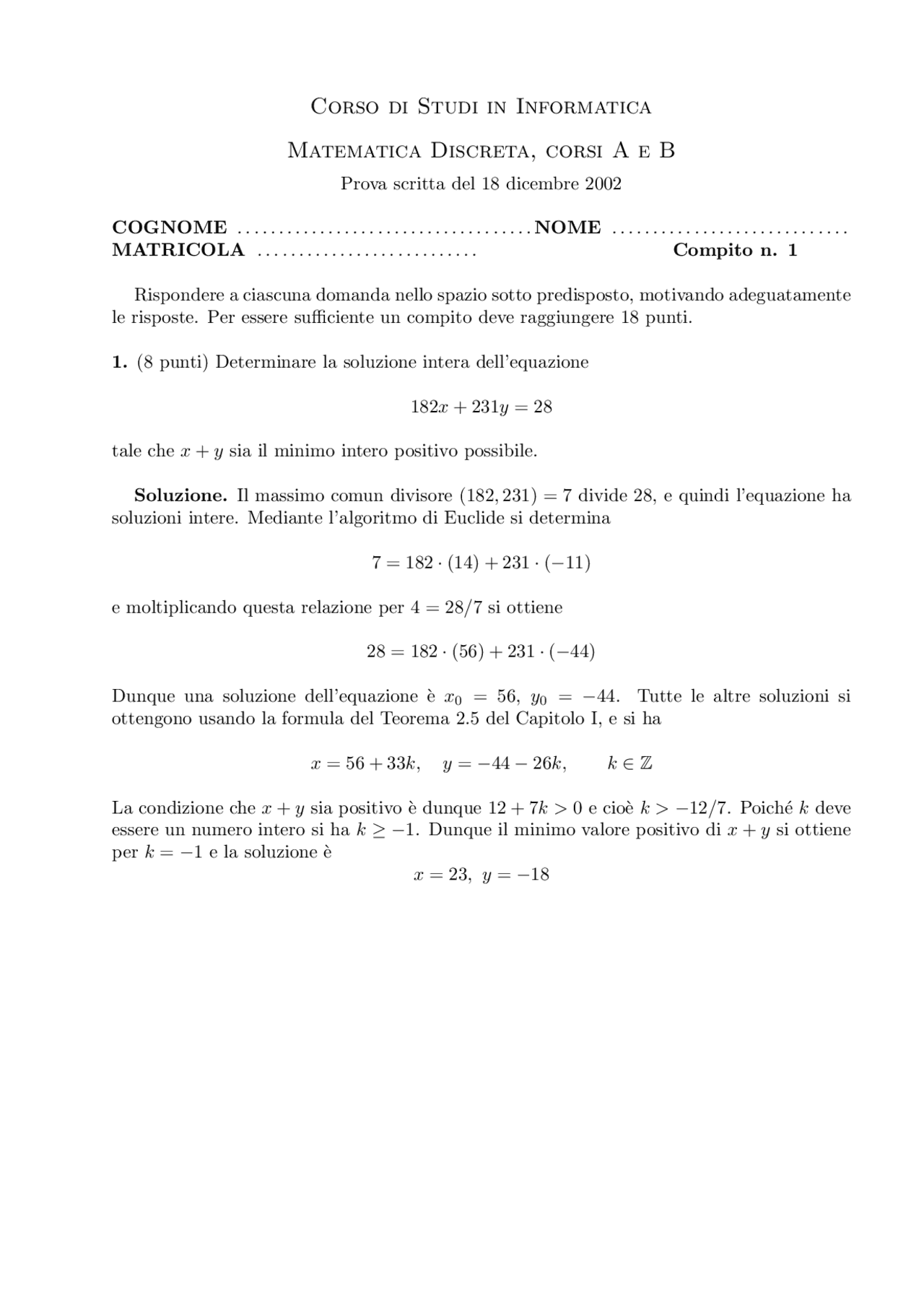 Esame Di Matematica Discreta Docsity