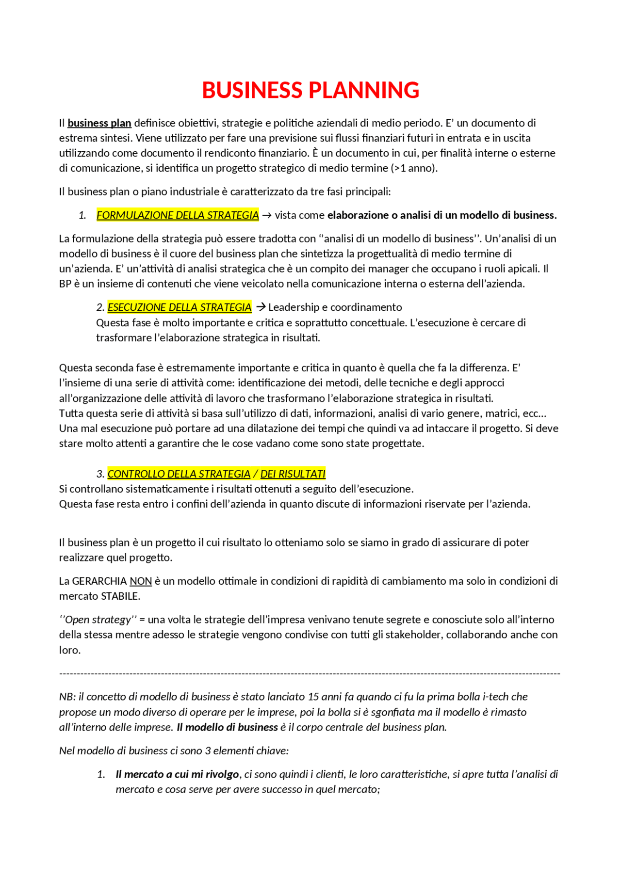 Appunti Business Planning E Controllo Strategico Docsity