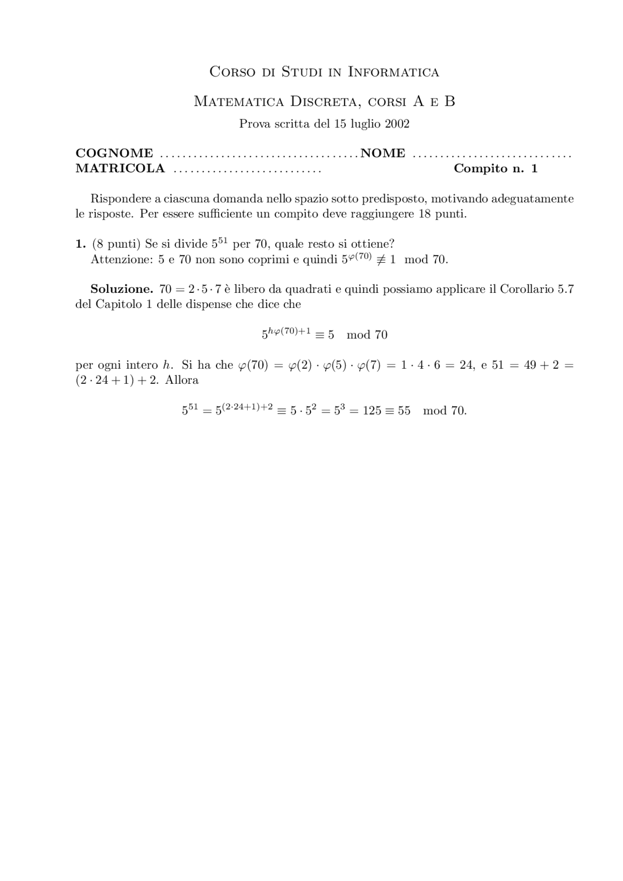 Esame Di Matematica Discreta Docsity