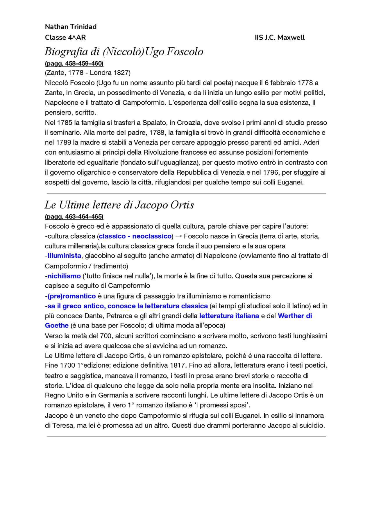Appunti Di Ugo Foscolo Docsity
