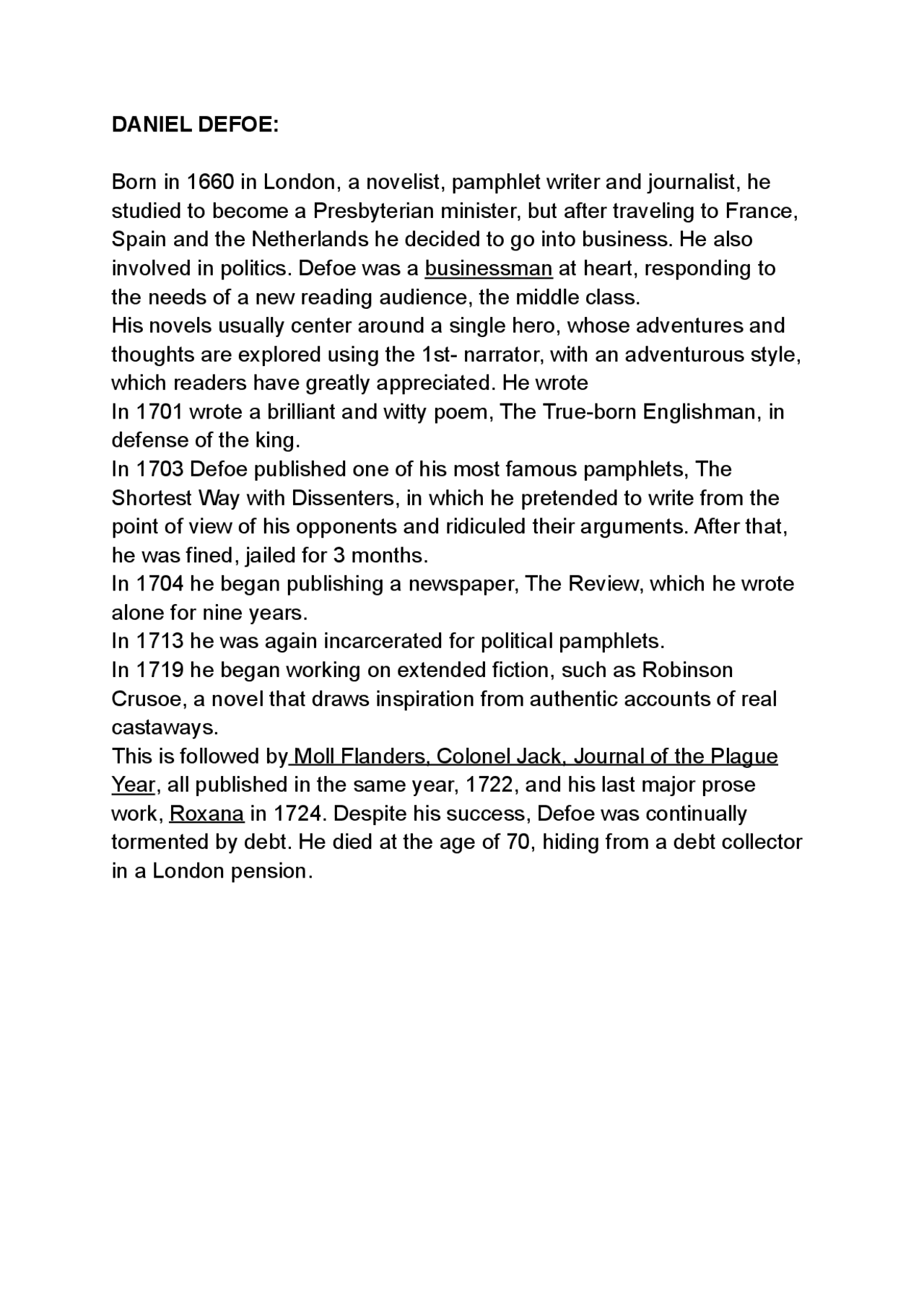 Vita e opere di Daniel Defoe - Docsity