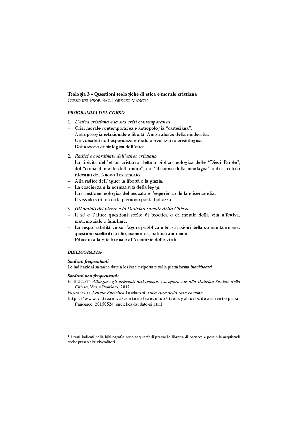 Programma del corso di teologia 3 MANCINI - Docsity