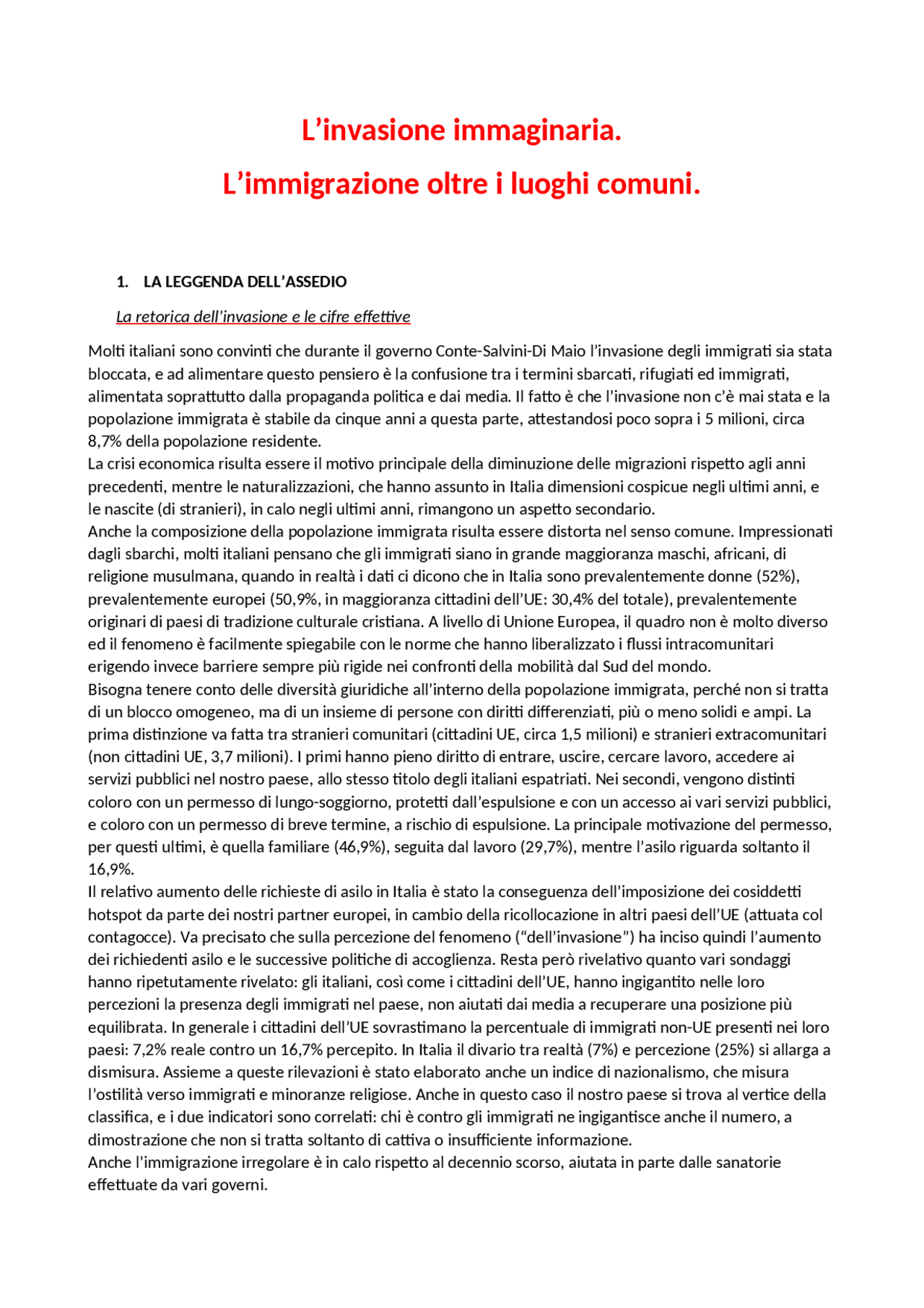 Riassunto Libro Linvasione Immaginaria Docsity