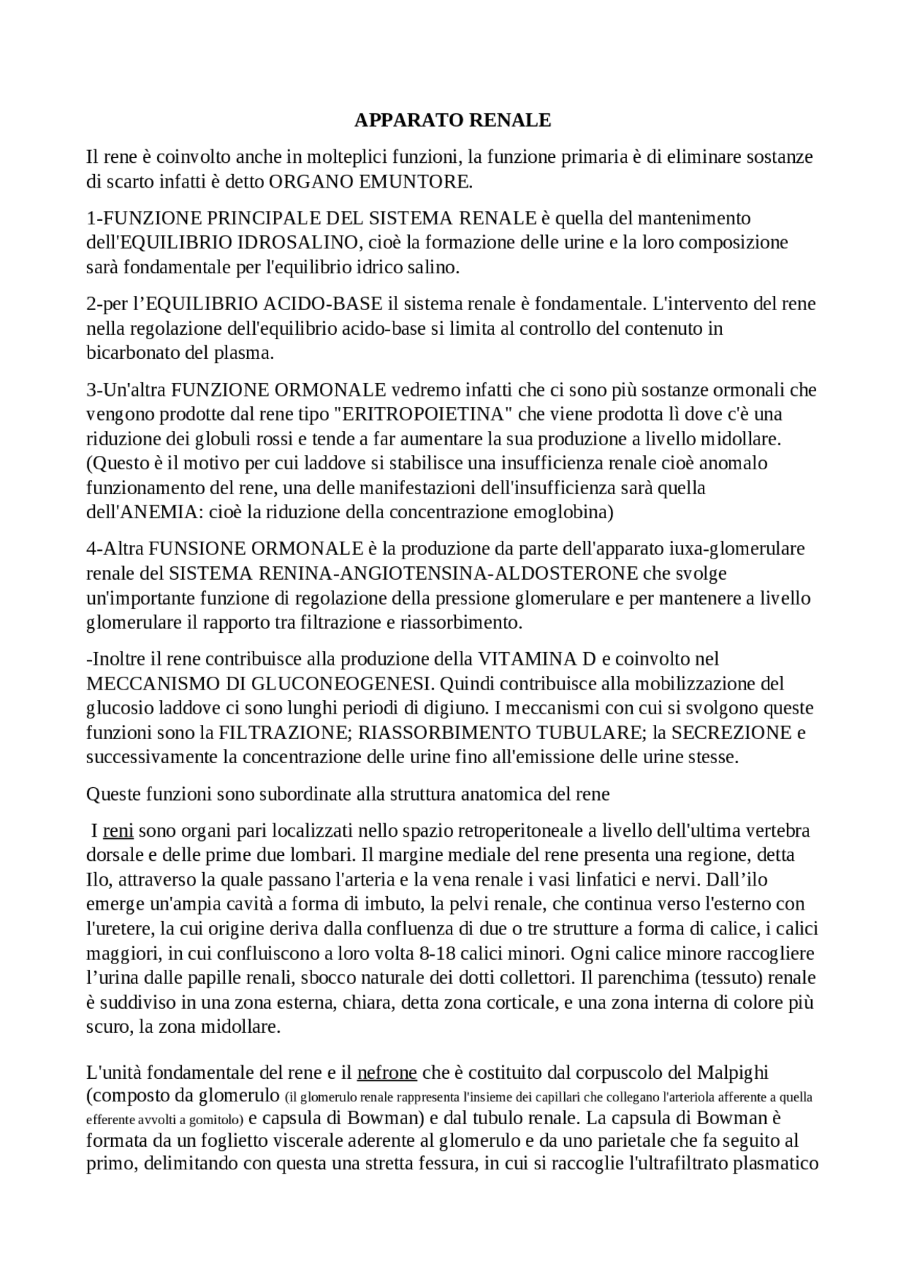 APPARATO RENALE fisiologia - Docsity