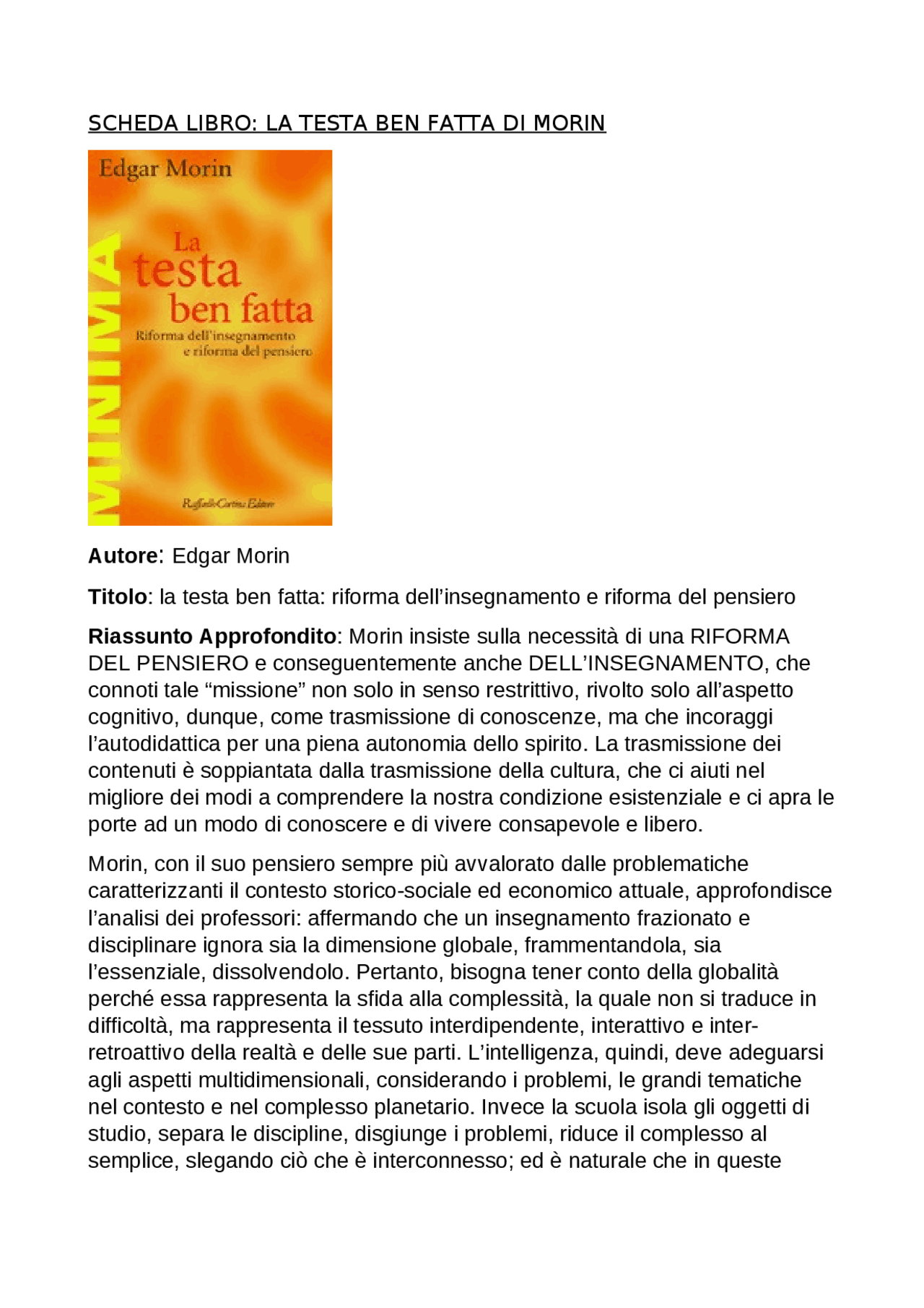 Scheda Del Libro La Testa Ben Fatta Docsity