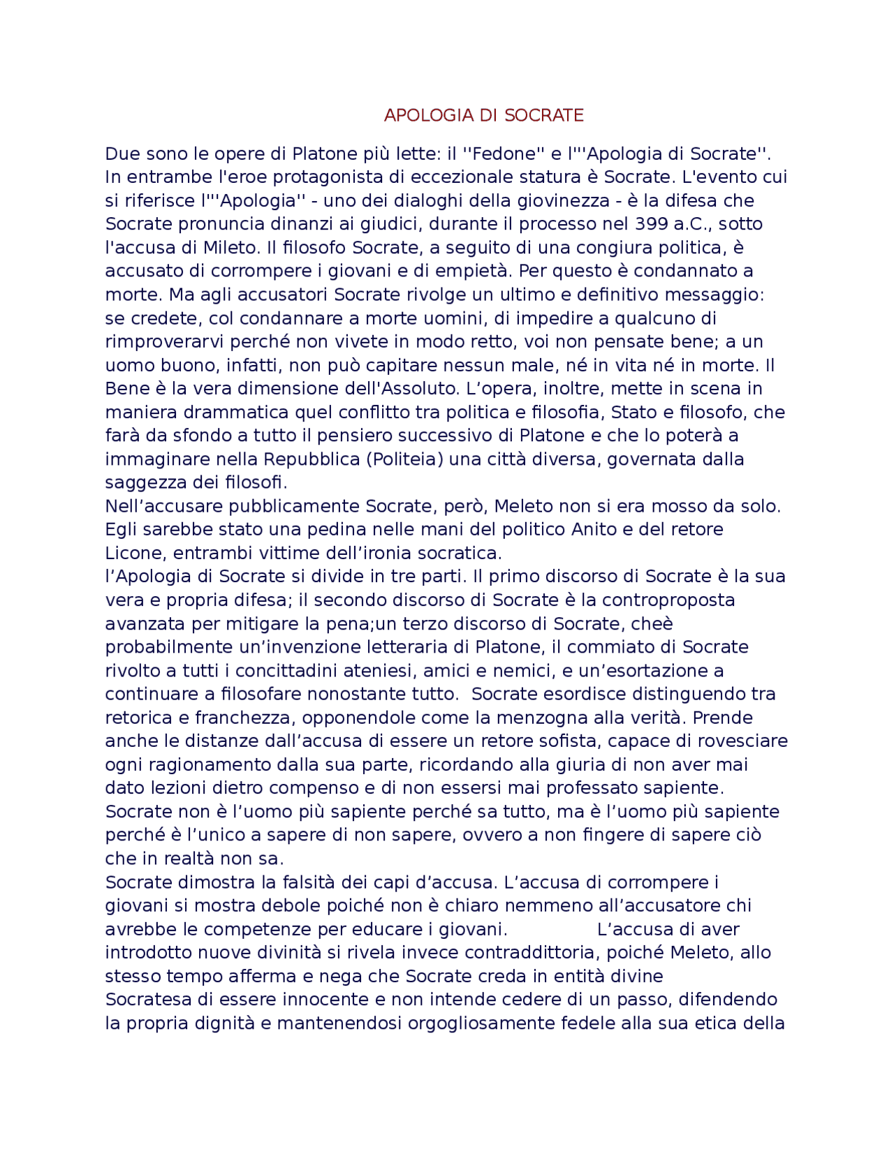 Apologia Di Socrateplatone Docsity