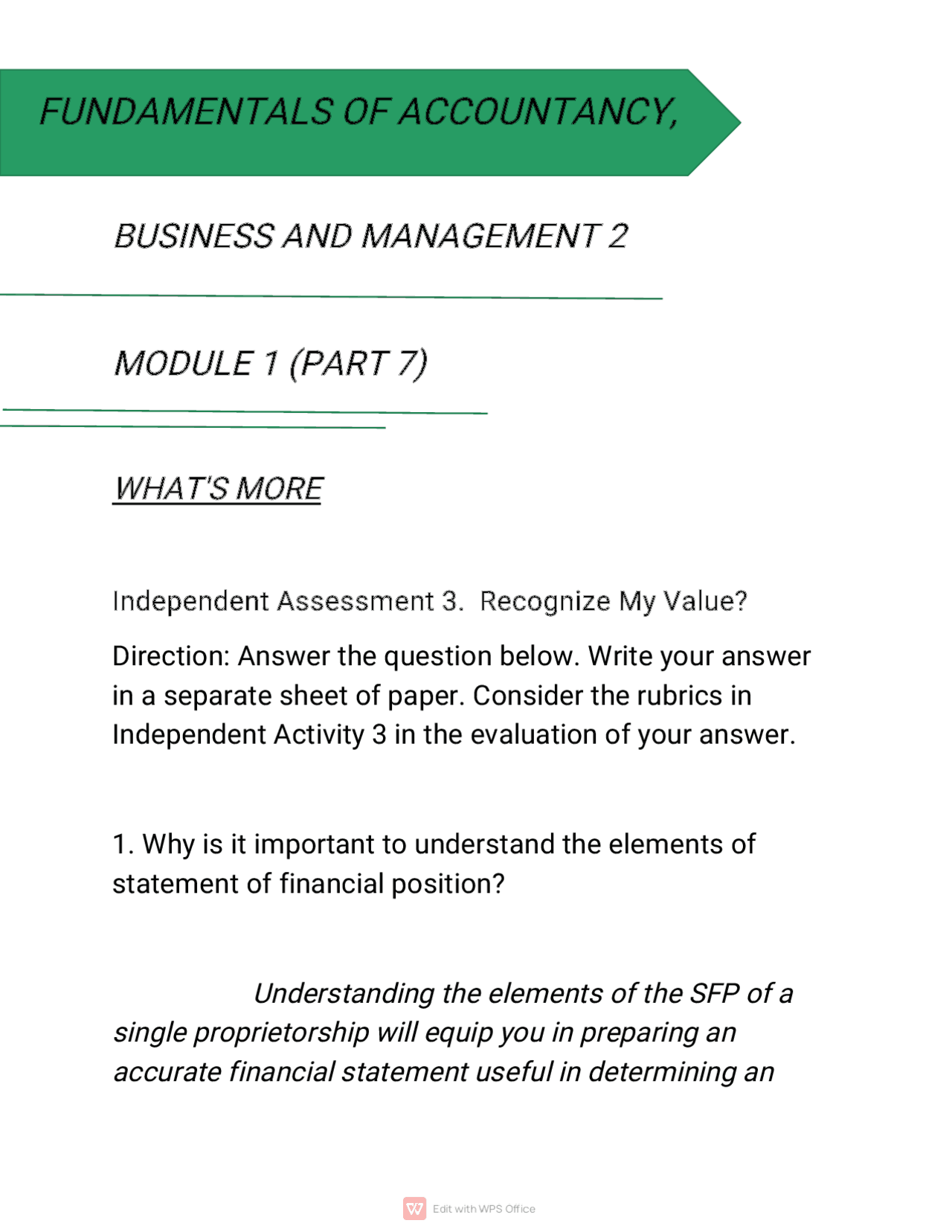 G12—FABM2—Module 1 (Answer sheet — Part 7: What's More) - Docsity