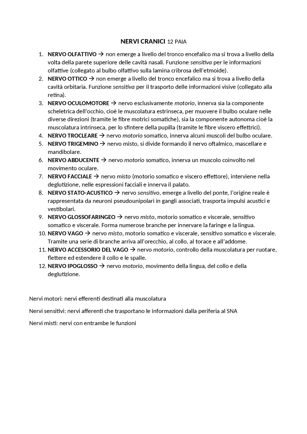 Schema Riassuntivo Nervi Cranici Docsity