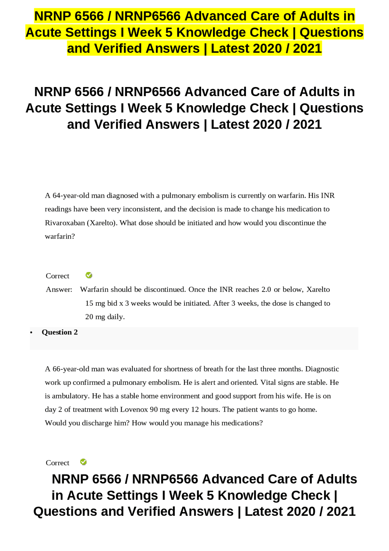 NRNP 6566 / NRNP6566 Advanced Care of Adults in Acute Settings I Week 5 ...