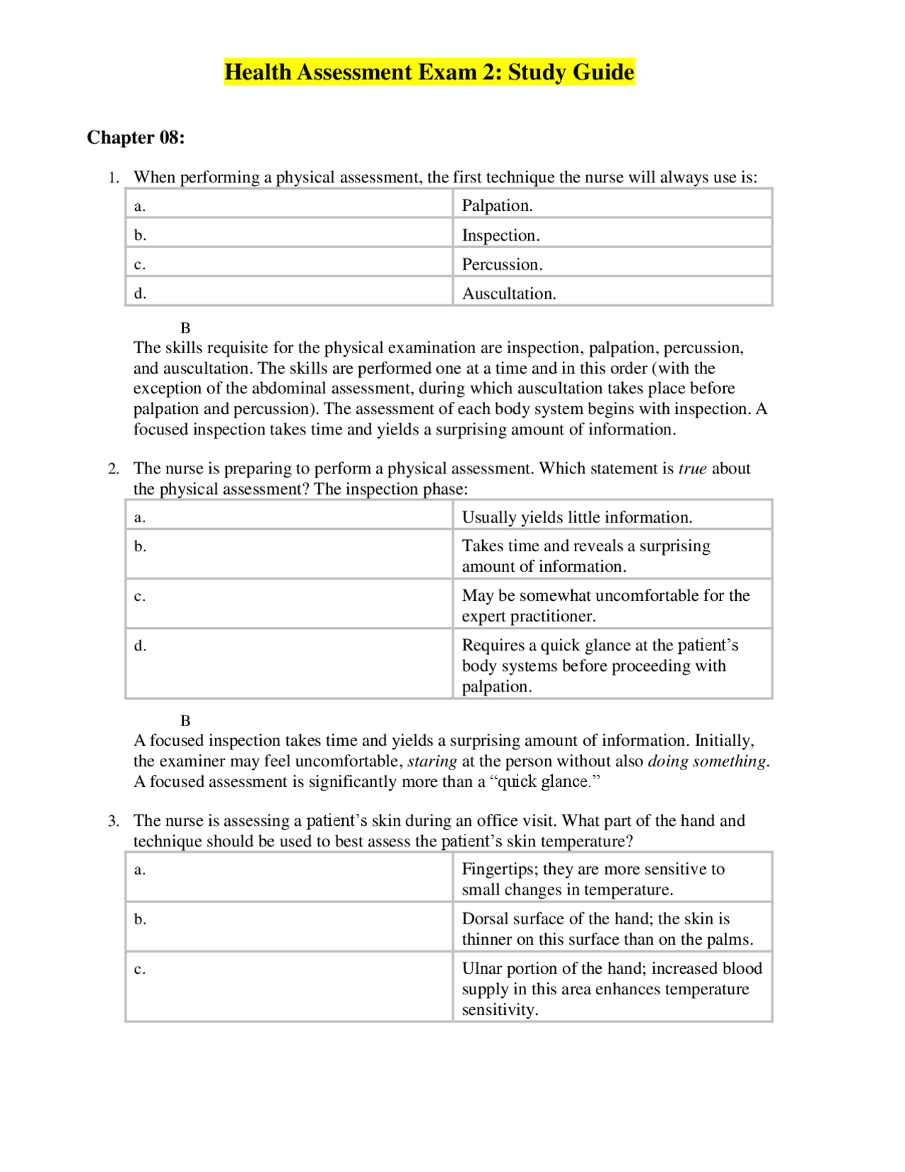 Health Assessment Exam 2: Study Guide - Docsity