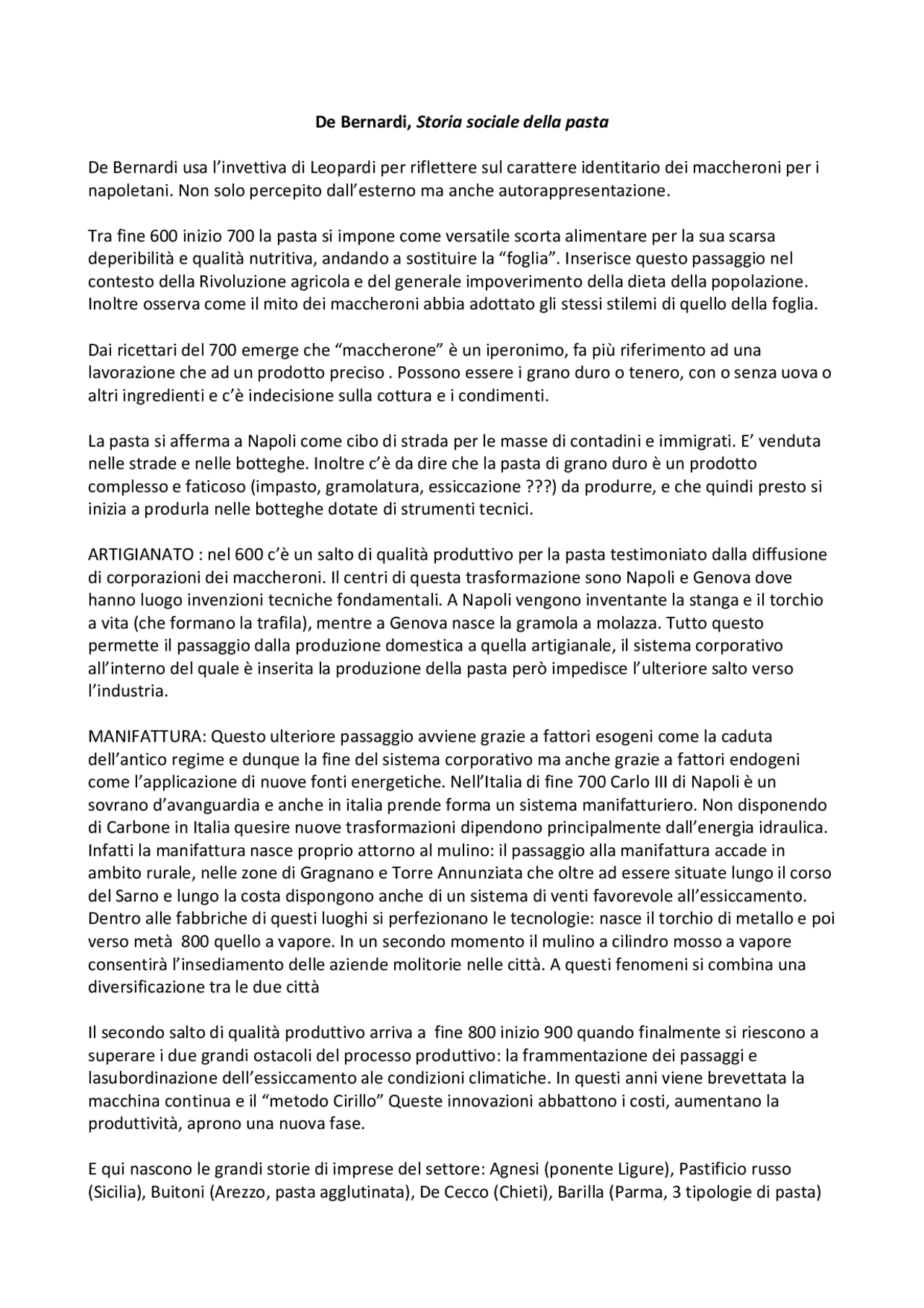Riassunto De Bernardi storia della pasta - Docsity