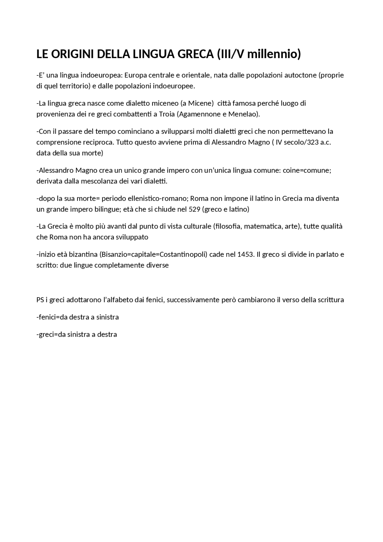 Le origini della lingua greca - Docsity