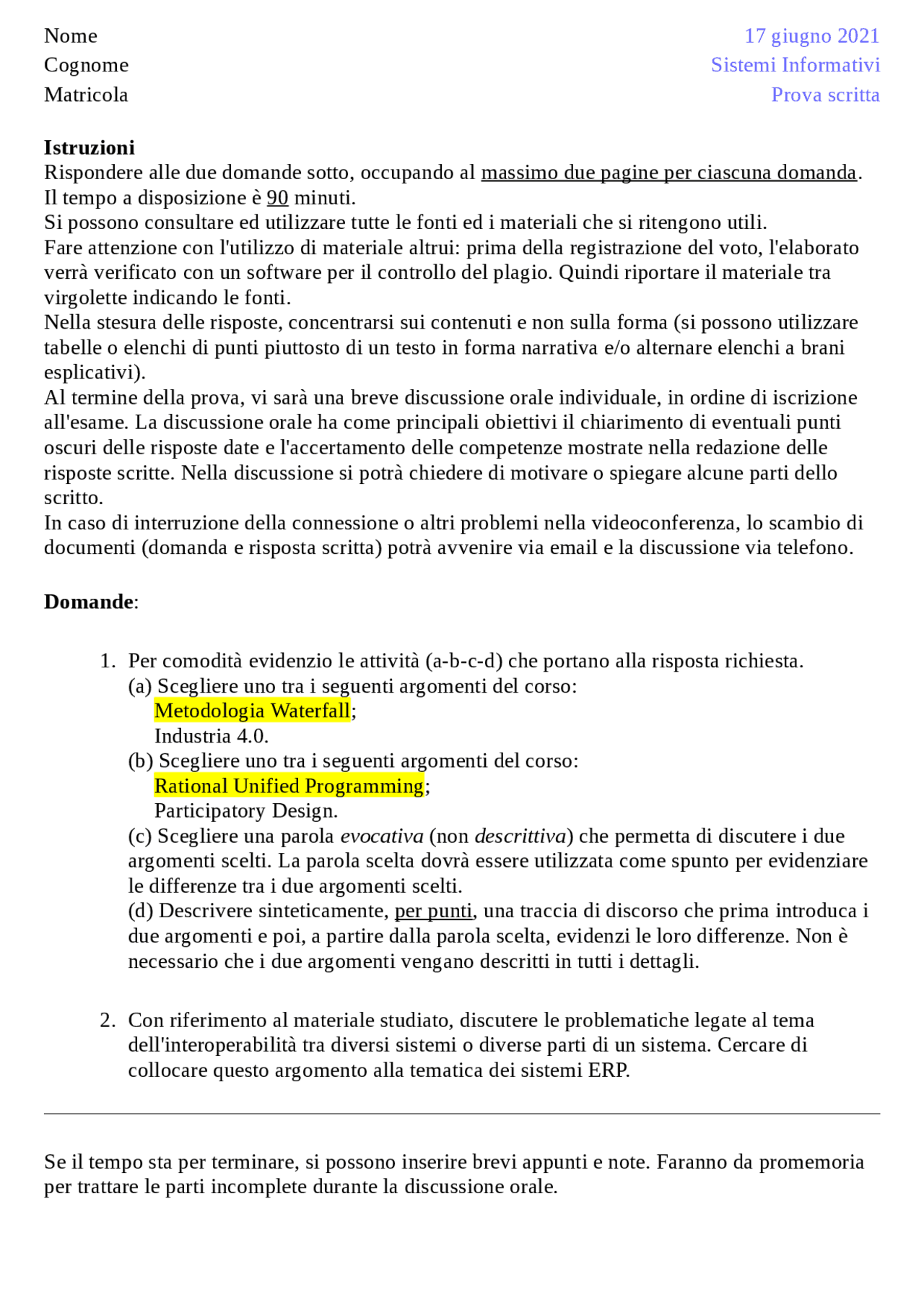 Esame Sistemi Informativi Docsity
