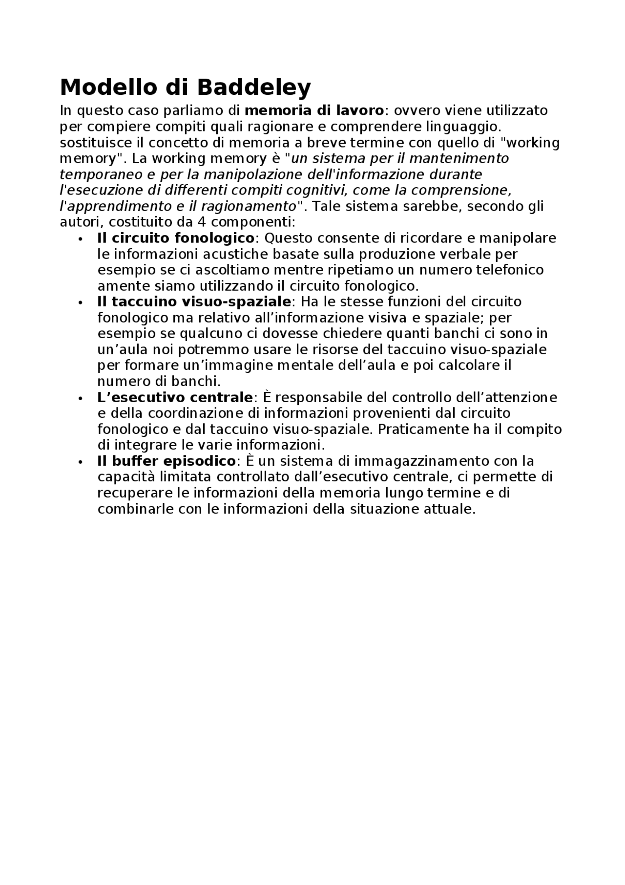 Modello di Baddeley - Docsity