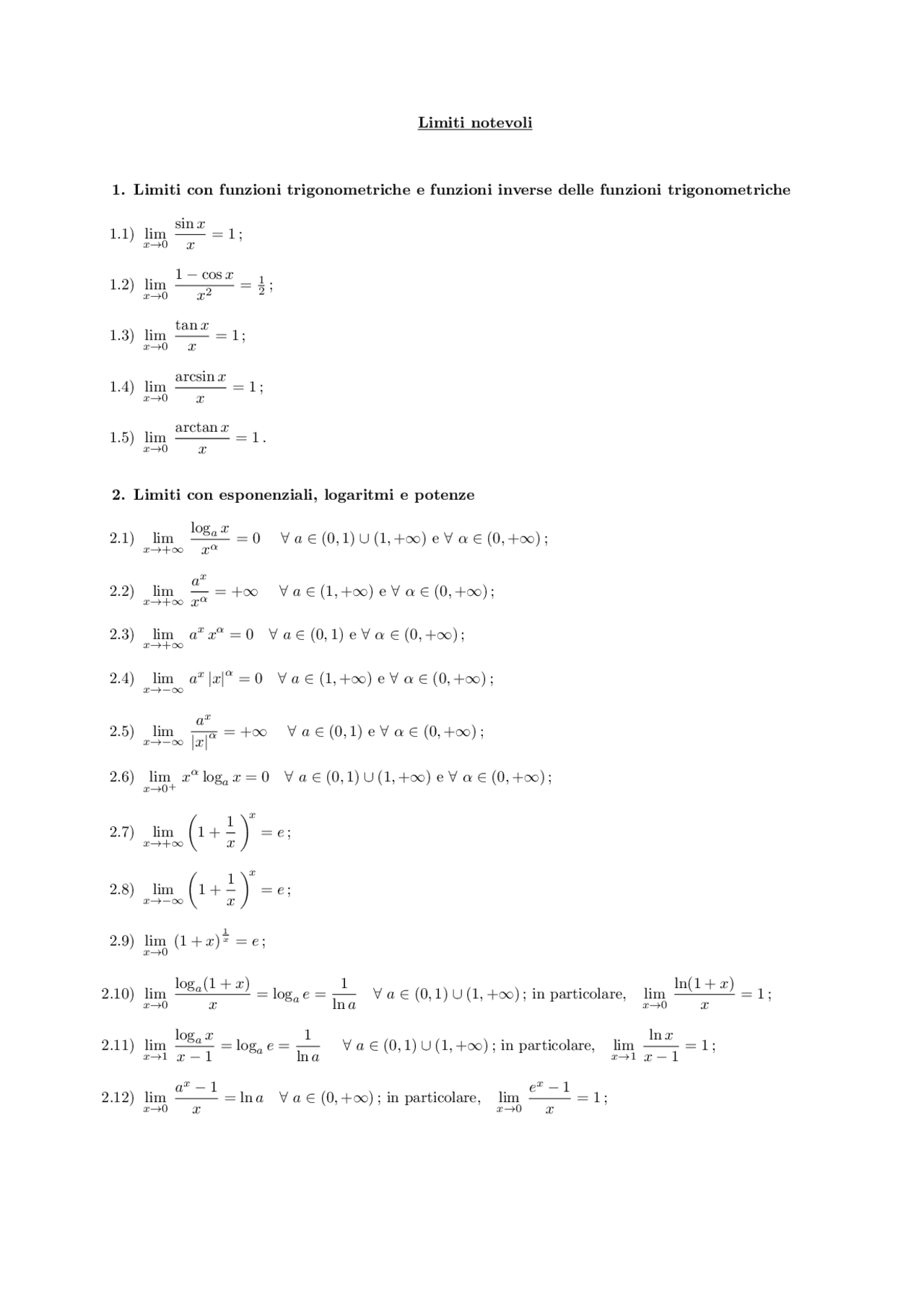 Elenco dettagliato dei principali limiti notevoli - Docsity
