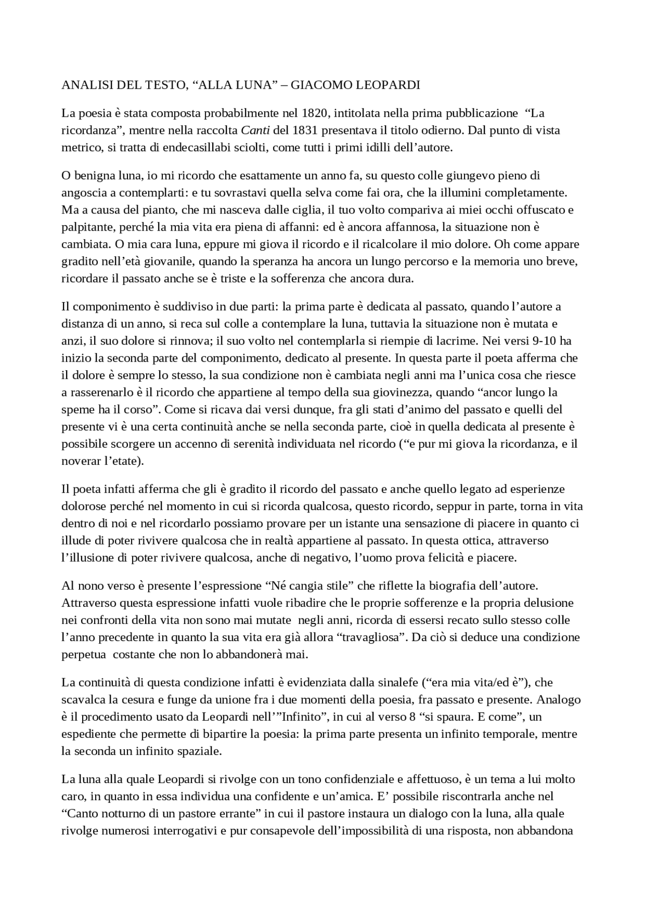Analisi del testo alla luna - Leopardi - Docsity