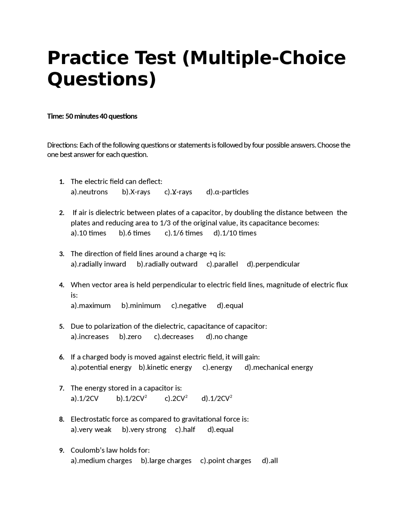 Electrostatics Practice Quiz | Quizzes Physics | Docsity