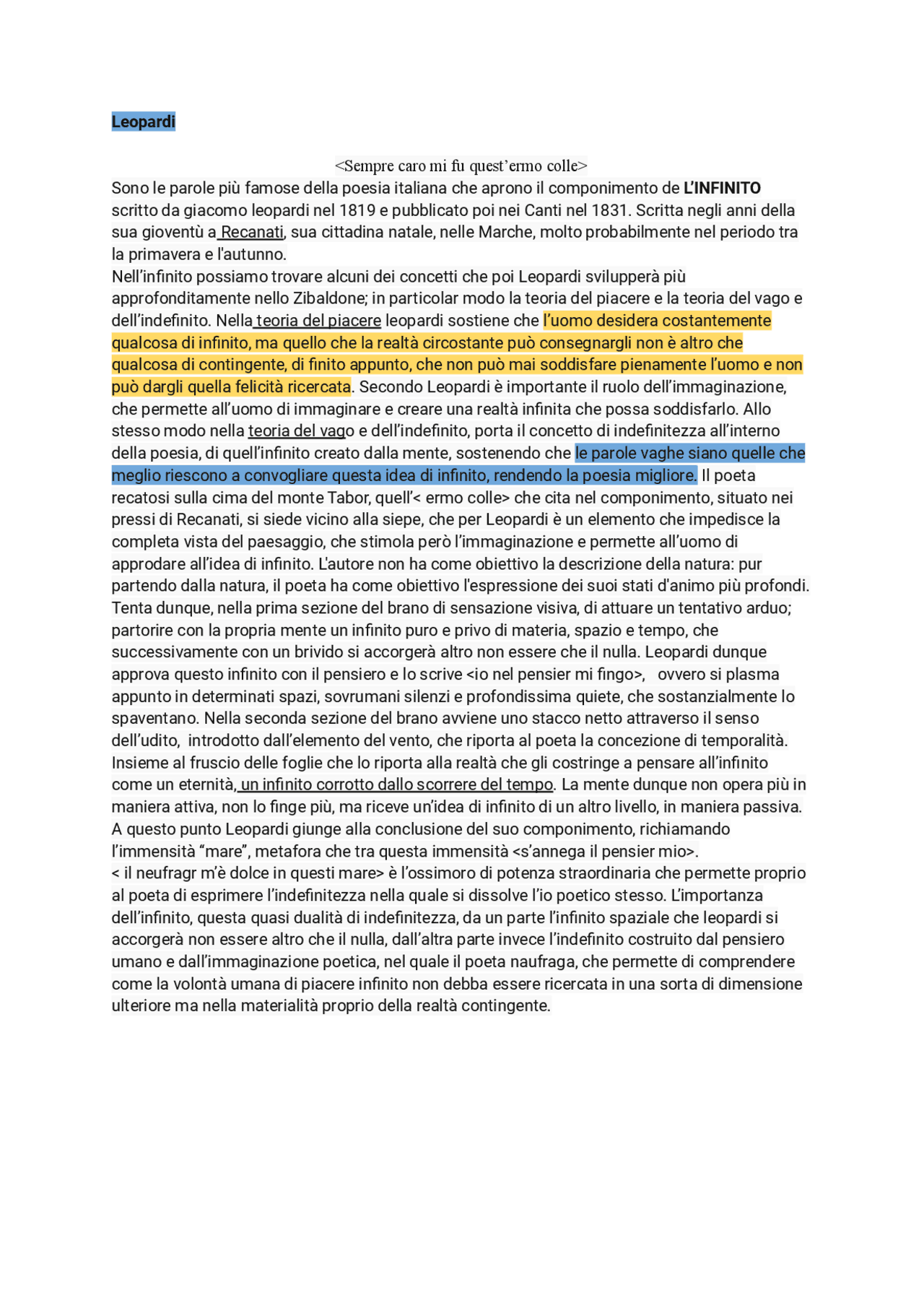 Leopardi E Linfinito Docsity