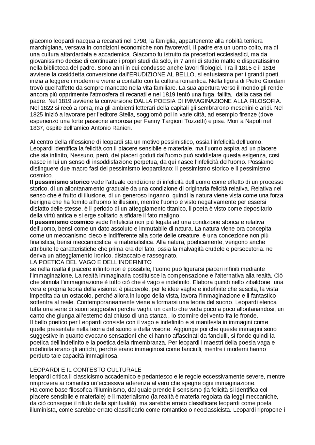 Leopardi Sintesi Per Maturità Docsity