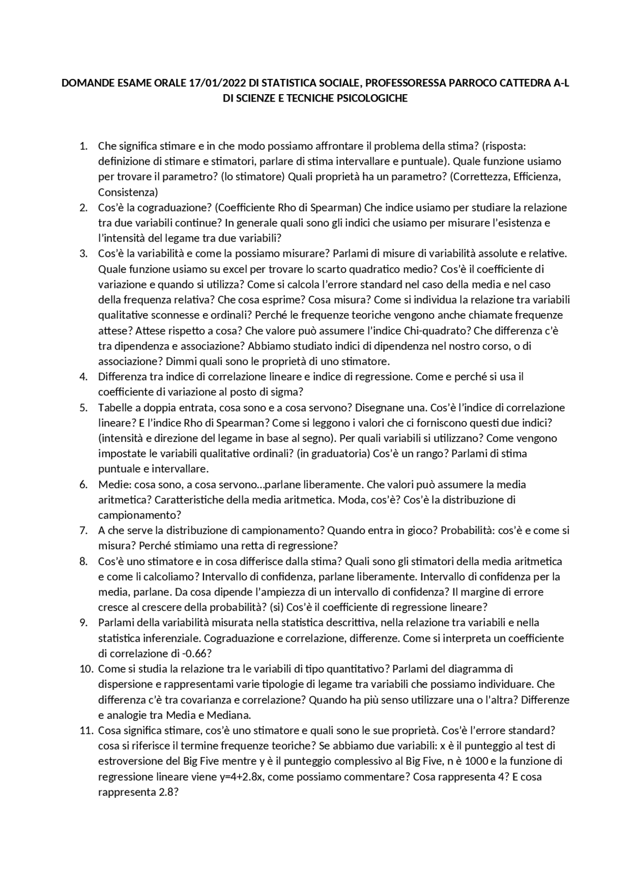 Domande Esame Orale Statistica Sociale A L Docsity