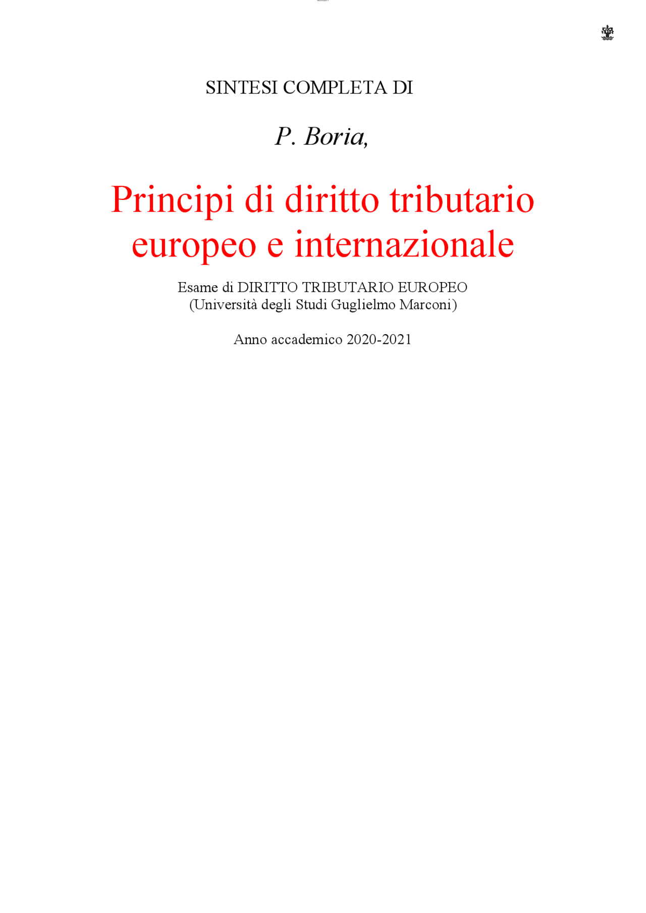 P. Boria, Principi di diritto tributario europeo e internazionale - Docsity