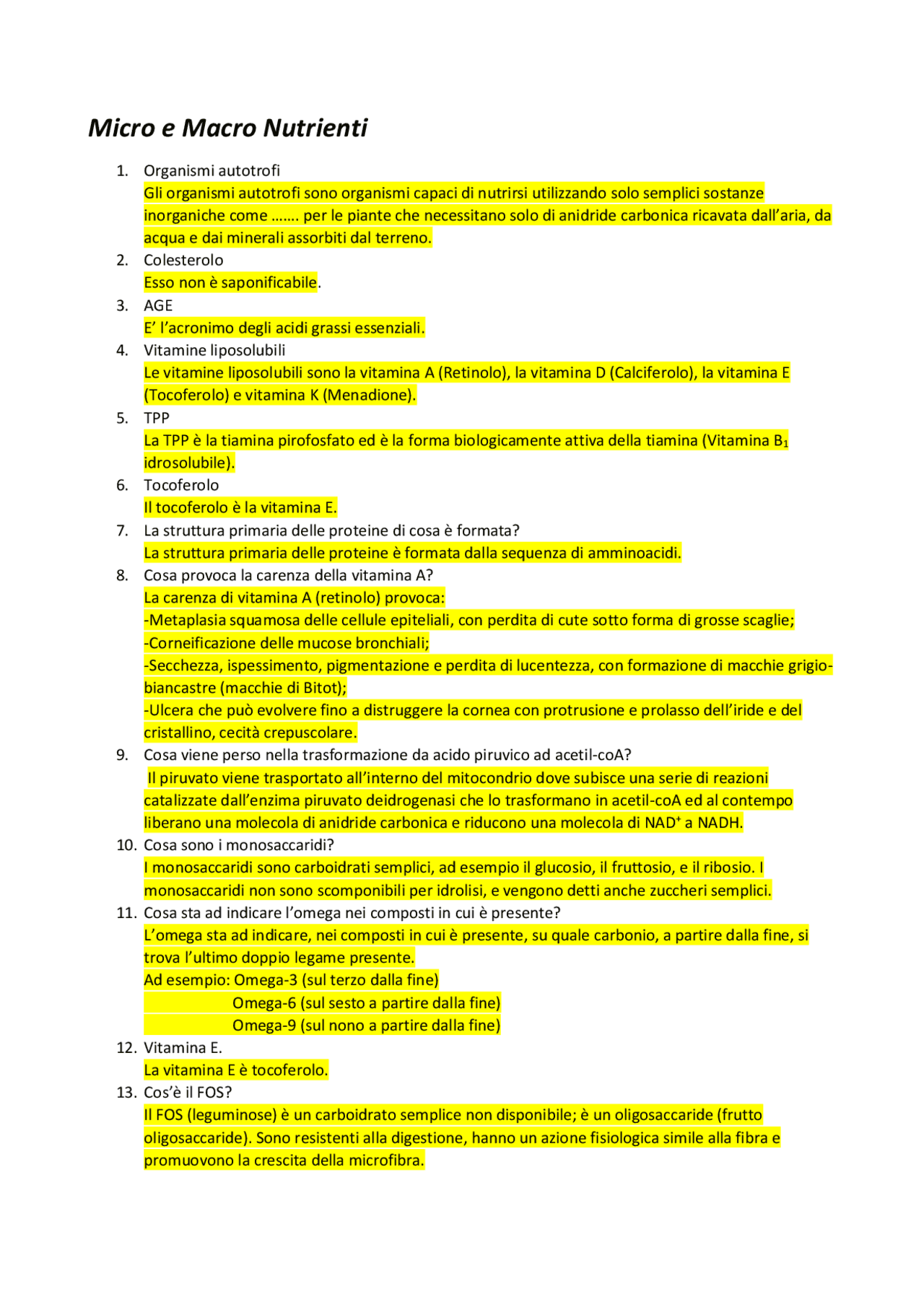 Domande esame Macro e Micro nutrienti professoressa Bortolini | Prove d'esame di Scienze degli ...