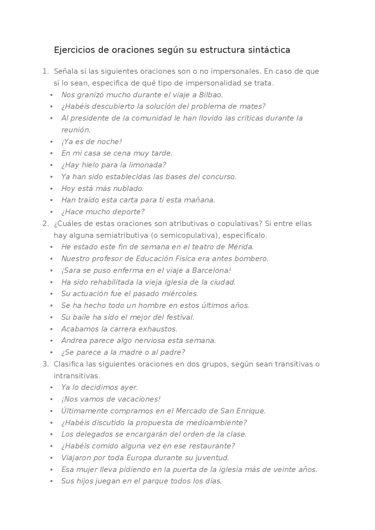 Ejercicios tipos de oraciones - Docsity