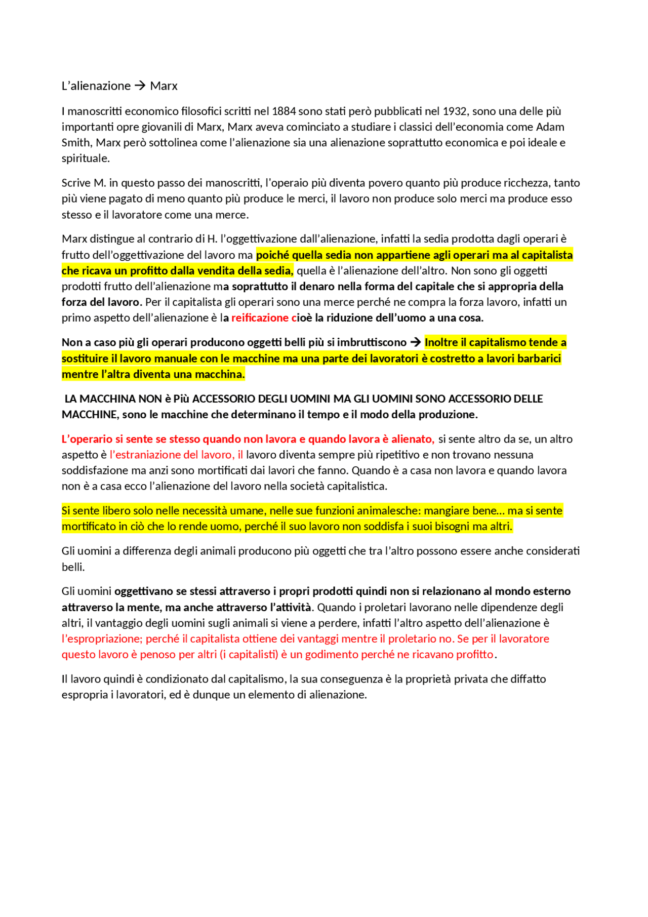 Lettura alienazione di Marx Riassunto - Docsity