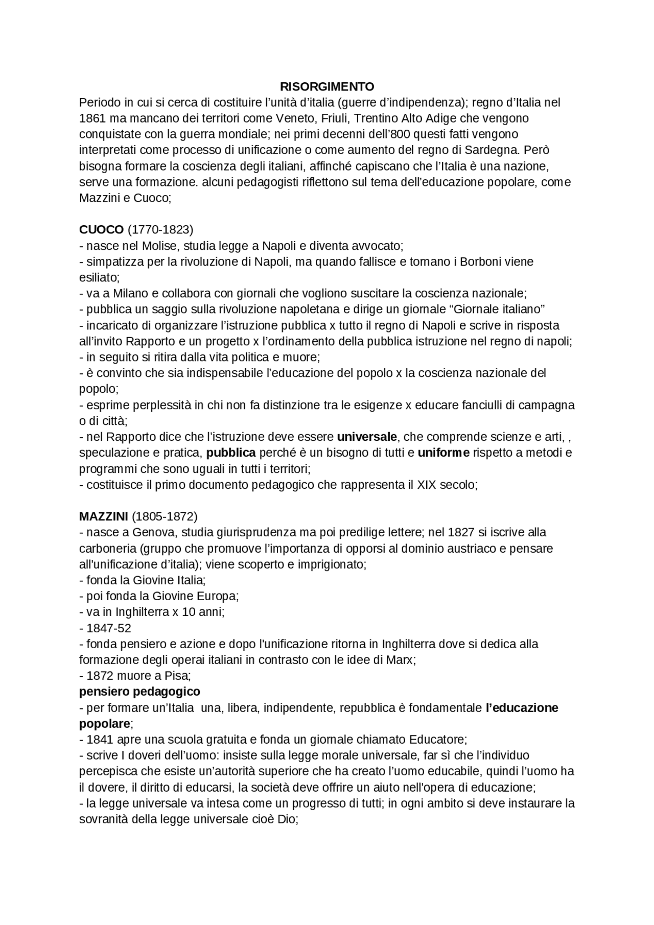 Appunti su periodo del risorgimento riguardo scuola, pedagogia, educazione - Docsity