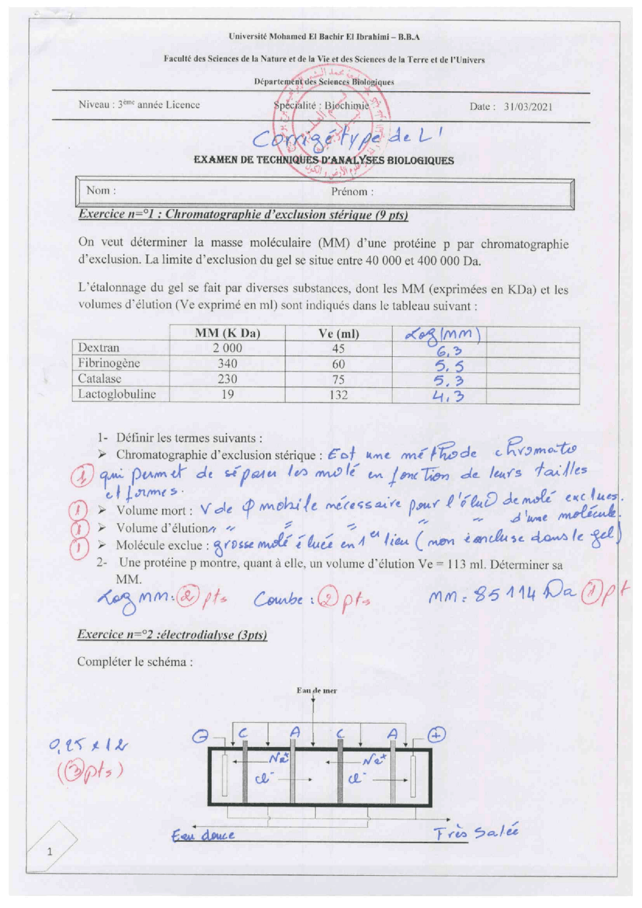 Techniques Chimiques Exercices Biologie Docsity