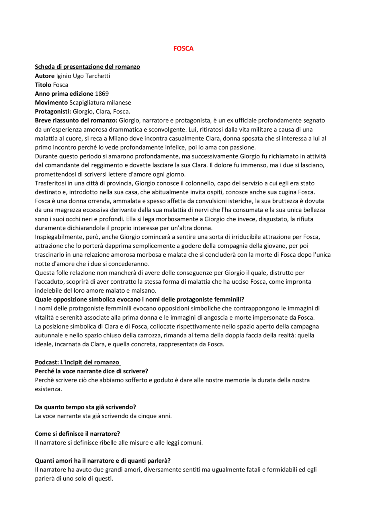 Analisi Fosca Di Iginio Ugo Tarchetti Docsity
