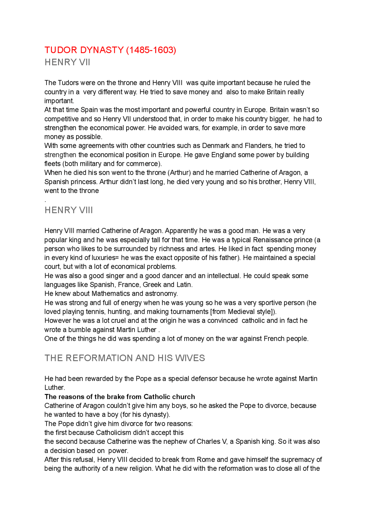 Tudor Dinasty, from Henry VII to Elizabeth I | Appunti di Inglese | Docsity